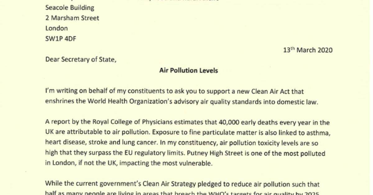 Letter: Air Pollution Levels - Fleur Anderson MP