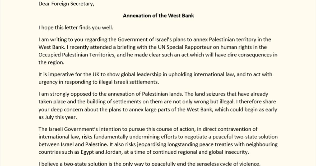 Letter: Proposed annexation of the West Bank - Fleur Anderson MP