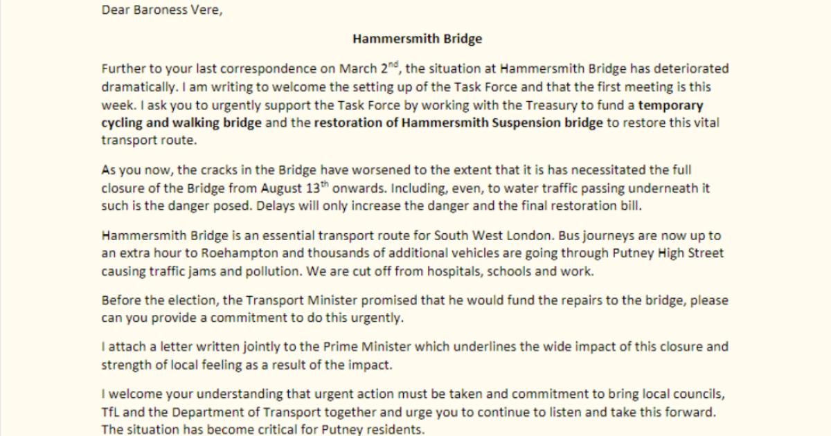 Letter: Hammersmith Bridge - Fleur Anderson MP