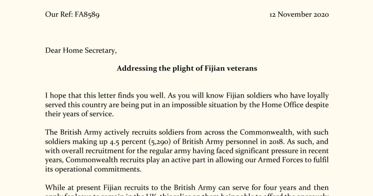 Letter: justice for Fijian soldiers - Fleur Anderson MP