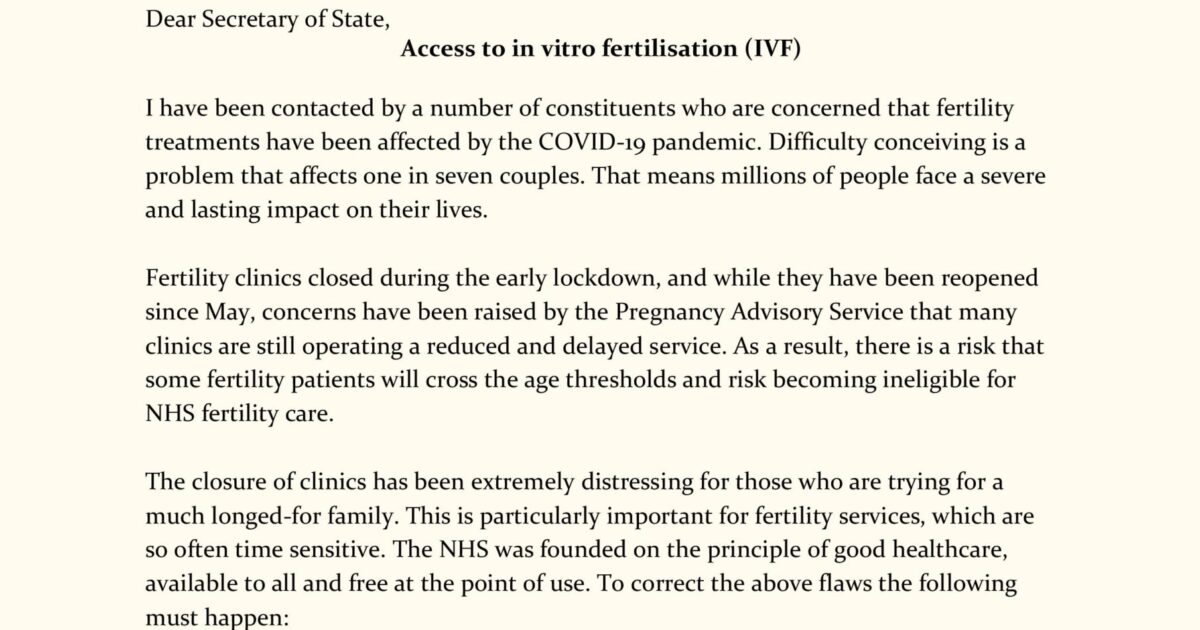 Letter: Access to in vitro fertilisation (IVF) - Fleur Anderson MP
