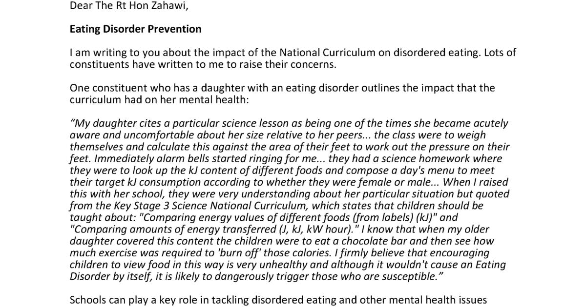 Letter to Secretary of State for Education on Eating Disorder ...
